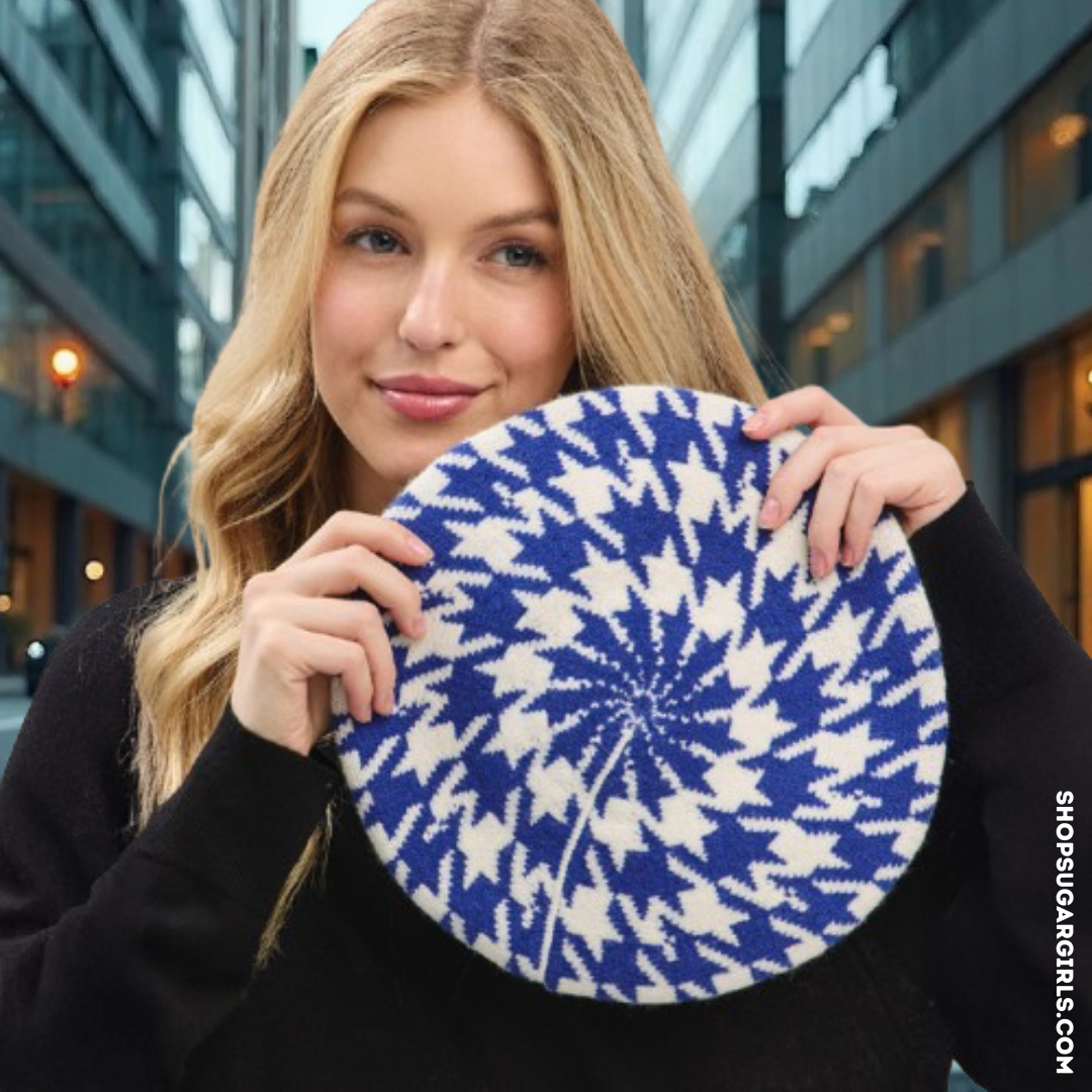 HOUNDSTOOTH BERET BLUE – Sugar Girls Couture Boutique